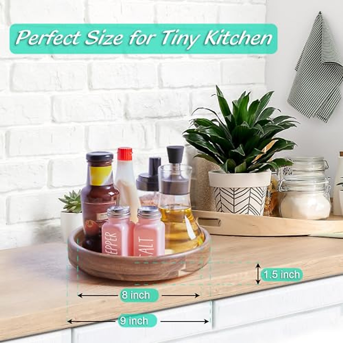 9" Lazy Susan Turntable Organizer for Cabinet, Acacia Wood Lazy Susan for Cabinet Table Pantry Kitchen Countertop Cupboard or Bathroom Organization, Kitchen Turntable Storage Container