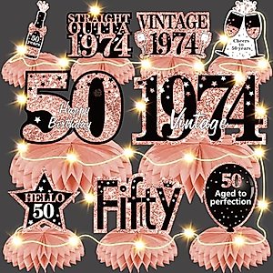Bumqviy 9Pcs 50th Birthday Honeycomb Centerpieces Decorations with String Lights for Women, Rose Gold Pink Happy 50 Birthday Table Party Supplies, Vintage 1974 Aged to Perfection Birthday Table Sign