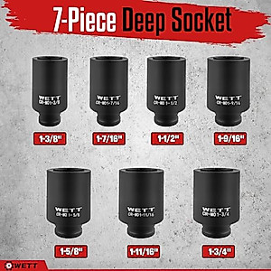 WETT 1/2" Drive Deep Impact Socket Set, 7-Piece Spindle Axle Nut 6 Point SAE Sockets Set, CR-MO, 1-3/8-Inch-1-3/4-Inch