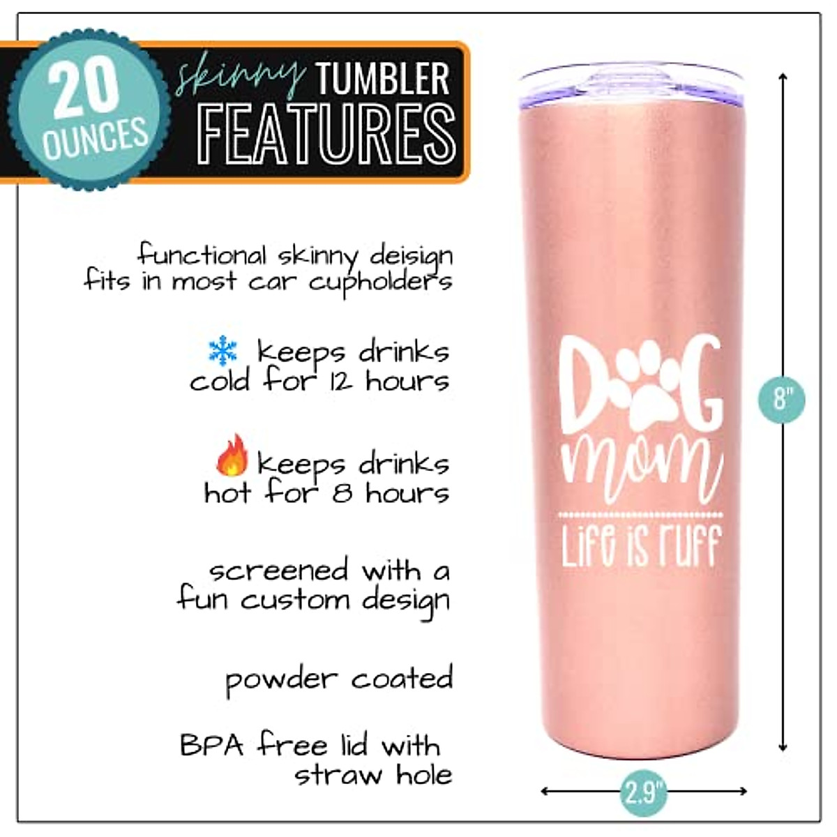 Dog Mom Tumbler - Dog Lovers Gifts for Women - Dog Mom Insulated Cup, Coffee Mug - Great Dogs Themed Gifts for Christmas, Birthday, Best Cups and Mugs for New Dog Mom, Things for Dog Lovers