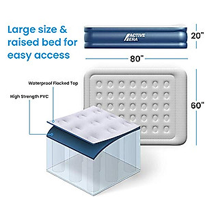 Active Era Queen Air Mattress with Built in Pump & Raised Pillow – Puncture Resistant with Waterproof Flocked Top, Elevated Inflatable Mattress Air Bed for Guests