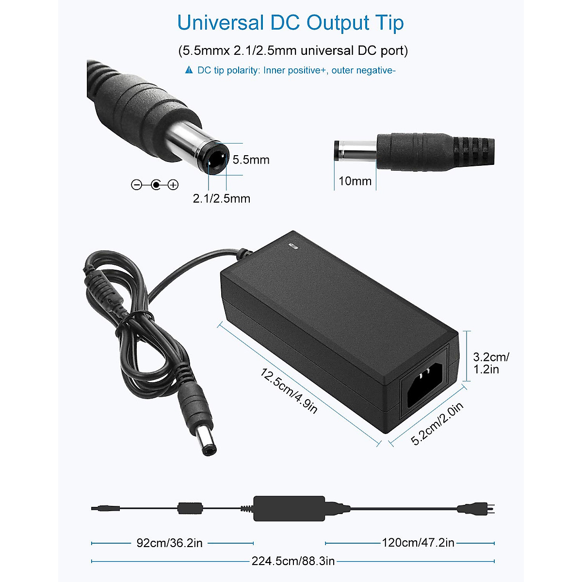 ALITOVE 24V DC Power Supply 2A 48W AC/DC Adapter 100~240V AC to DC 24 Volt 2 Amp Converter 24 vdc 2000mA 1.8A 1.5A 1.3A 1.2A with 5.5mmx 2.5mm 2.1mm Plug for LED Strip Light CCTV Camera DC Pump Fan