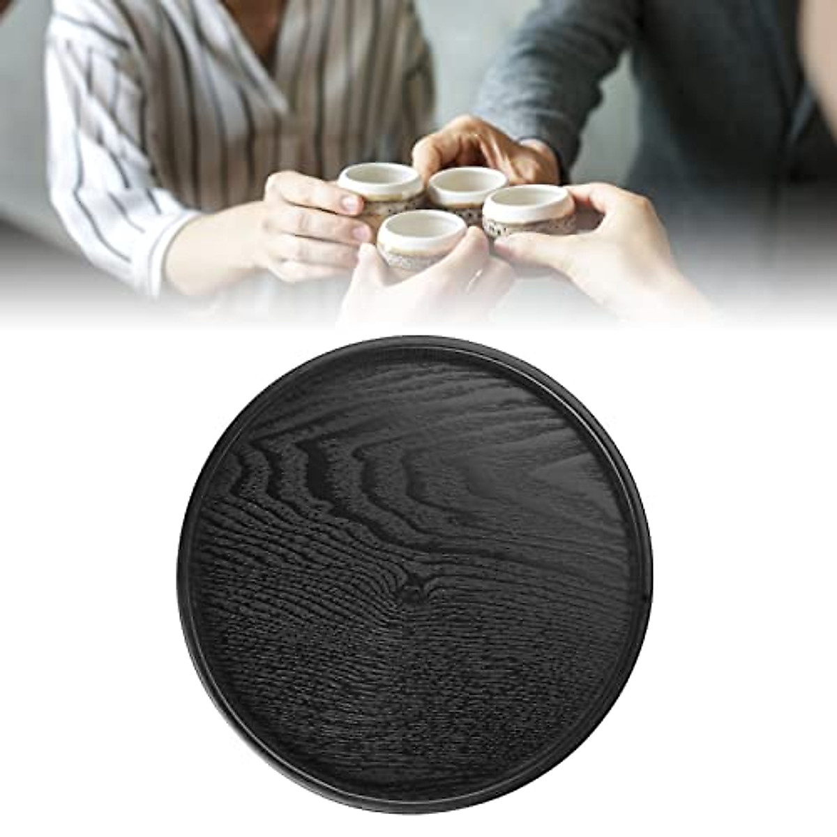 Black Wood Serving Tray, Round Shape Solid Wood Serving Tray Plate Bar Cafe Restaurant Trays(30cm)