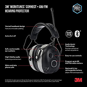3M WorkTunes Connect + AM/FM Hearing Protector with Bluetooth Wireless Technology, Ear protection for Mowing, Snowblowing, Construction, Work Shops