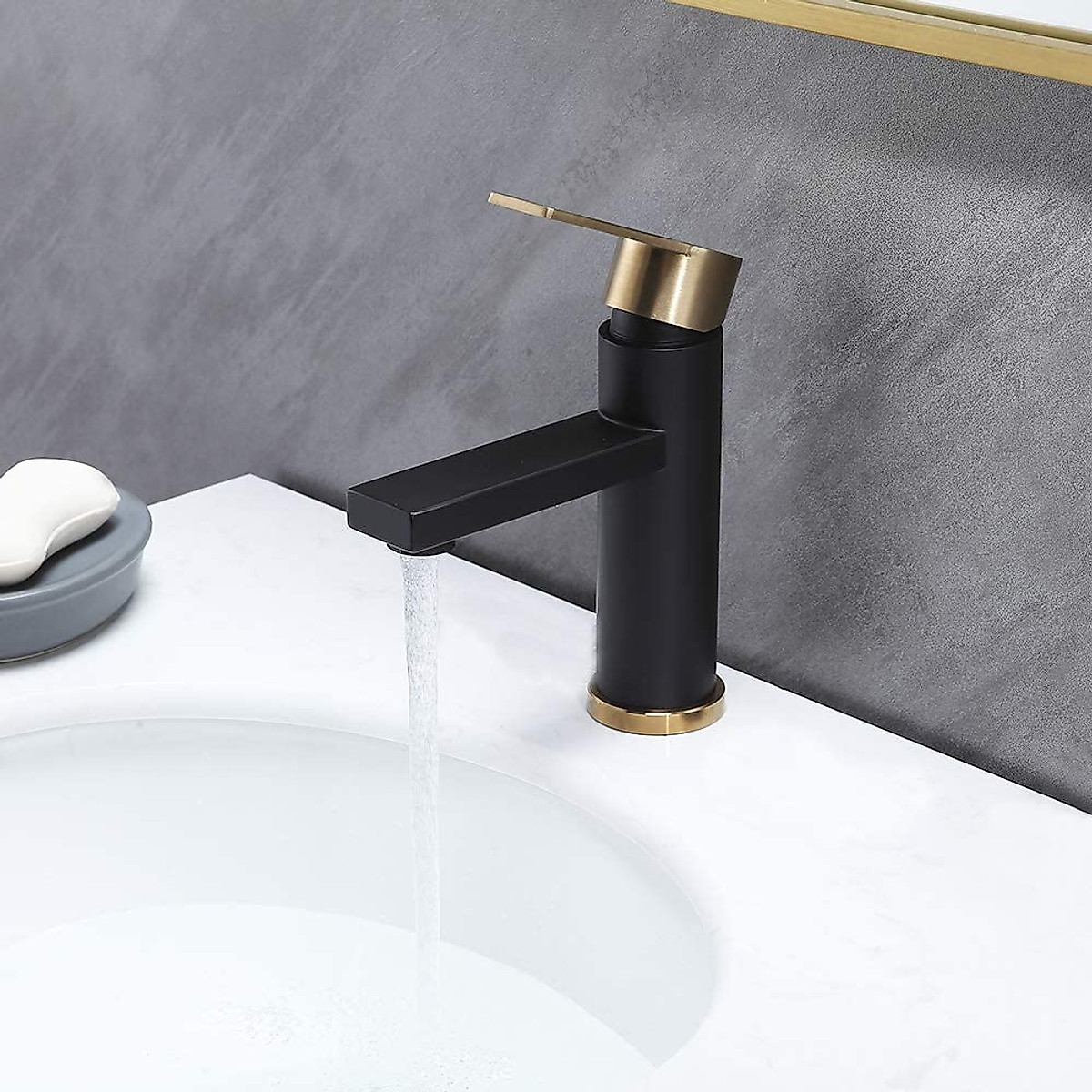 Comllen Black Single Hole Bathroom Faucet, Modern Single Handle Bathroom Sink Faucet Brushed Gold and Matte Black One Hole Lavatory Vanity Faucets with Water Supply Lines