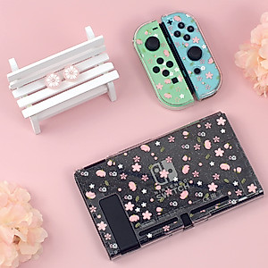 FANPL Glitter Clear Case for Nintendo Switch, Hard Shell Cute Protective Case Cover for Switch and Joy Con Controller with 2 Glitter Cherry Blossoms Thumb Grips - Embossed Feel (Pink Sakura Snow)