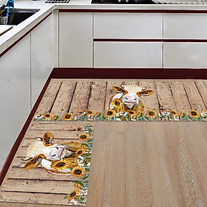 Set of 2 Non-Slip Kitchen Mat 2 Piece Sunflower Cow Comfort Standing Kitchen Mat Waterproof and Oil Proof Farmhouse Animals Cute Rustic Wood