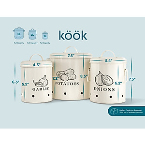 KooK Potato, Onion & Garlic Kitchen Storage Canisters, Rustic Farmhouse Containers with Aerating Holes, Vintage Vegetable Tins, Set of 3, 5 Liter, 2 Liter & 1 Liter (Coconut Cream)