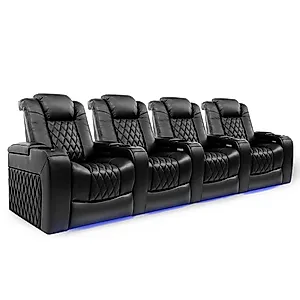 Valencia Tuscany Home Theater Seating | Premium Top Grain Italian Nappa 11000 Leather, Power Reclining, Power Lumbar Support, Power Headrest (Row of 4, Black)