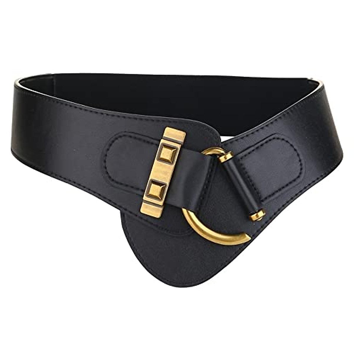 Toptim Womens Elastic Waist Belt Vintage Leather Wide Waistband (Waist 25-35", Black)