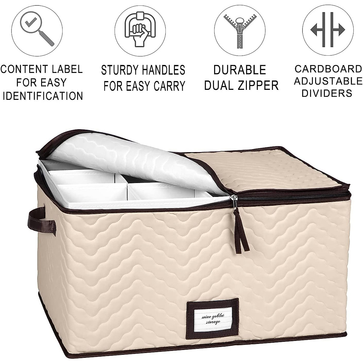 Hold N Storage Pack of 2 Sizes Wine Glass Storage with dividers – Each Holds 12 standard size wine glasses up to 10" H – Stemware Storage Case, Protects Fine China, Durable Quilted Microfiber Bin with