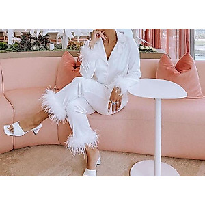 Button Down Pajamas Set for Women Long Sleeve Satin Silk Feather Trim Nightwear Loungewear (S, White)