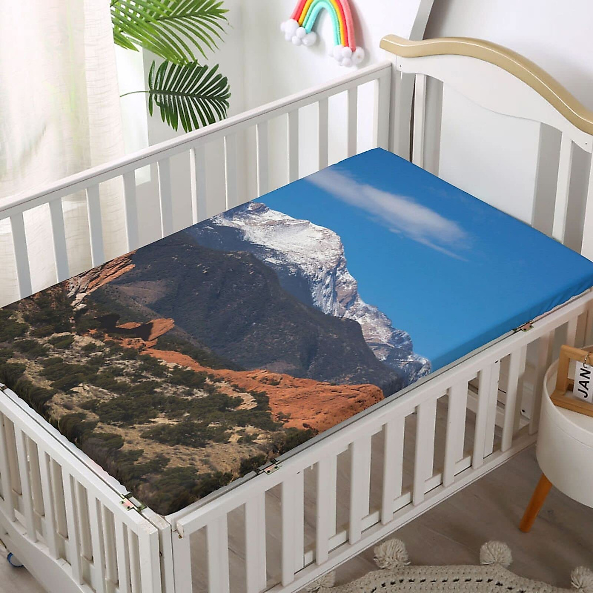 Snow Mountain sceneryr Themed Fitted Mini Crib Sheets,Portable Mini Crib Sheets Soft & Stretchy Fitted Crib Sheet-Crib Mattress Sheet or Toddler Bed Sheet,24“ x38“,Blue Evergreen Pale Rust