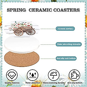 Whaline Spring Coasters 6 Pack Rustic Farmhouse Drink Coaster Truck Floral Flower Ceramic Coaster Cup Mat for Mugs Cups Home Kitchen Party Supplies, 4.1 x 0.3 Inch
