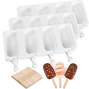Sakolla 3 Pack Large Popsicle Molds 4 Cavities Cake Pop Silicone Molds Oval Ice Cream Cakesicle Molds for Chocolate Baking with 100 Wooden Sticks
