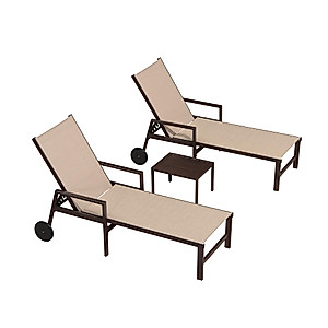 PURPLE LEAF Pool Lounge Chairs Set of 3 Aluminum Outdoor Lounge Chairs with Wheels and Armrests Adjustable Patio Lounge Chairs for Deck Outside Lawn Garden, Cream