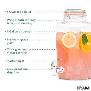 Ilyapa 2 Gallon Glass Beverage Dispenser - Wide Mouth Mason Jar Drink Dispenser - 100% Leak Proof with Glass Flip Top Lid, Dispenser for Parties, Weddings, Lemonade, Cold Water