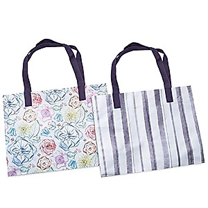 Reusable Tote Bag - 2 Pack Market Tote, Large Durable Water Resistant Fabric Bags with Handles, Cute Floral and Striped Prints for Shopping, Groceries, Market, Beach, Events, Travel - 17x9.25x13