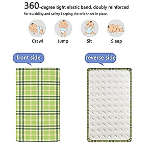 Plaid Themed Fitted Mini Crib Sheets,Portable Mini Crib Sheets Toddler Bed Mattress Sheets-Great for Boy or Girl Room or Nursery,24“ x38“,Beige Green Hunter Green
