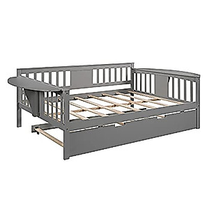 Solid Wood Daybed with 2 Folding Tables and Trundle, Full-Size Bed Frame Multi-Functional Daybed for Kids/Teens Bedroom/Guest Room Furniture, No Box Spring Required