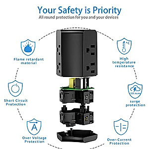 Power Strip Tower, Flat Extension Cord with 6 AC Outlets and 3 Extra Charging Ports, Surge Protector Power Strip Tower 5 FT, Flat Plug Power Strip 1250W, USB Charging Station for Home,Office,Dorm