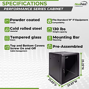 NavePoint 12U Server Cabinet Wall Mount Rack Enclosure Includes 2 Fans, Locking Glass Door, Removable Side Panels – 12U Network Cabinet 23.6” Deep, 19 Inch Server Rack for IT and A/V Equipment