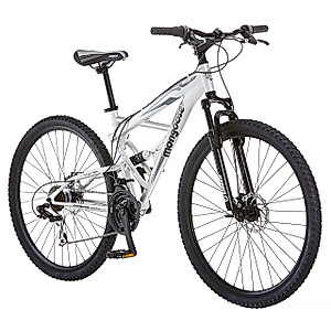 Mongoose Impasse Full Suspension Mountain Bike, Men and Women, 18-Inch Aluminum Frame, 29-Inch Wheels, Front and Rear Disc Brakes, Twist Shifters, 21-Speed Rear Deraileur, Silver