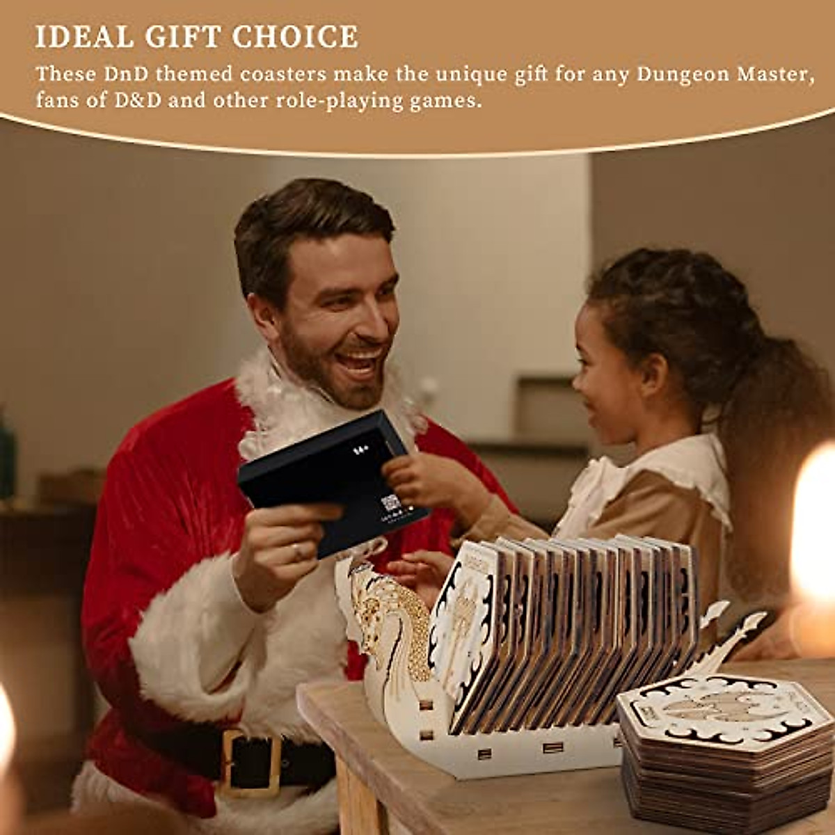 D&D Class Coasters Set of 14 with Holder Hexagon Gaming Mug Mats Wooden Laser Engraved DND Classes Icons Gift for Dungeons and Dragons Fans, Game Master