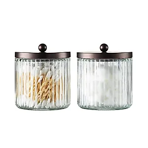 KMwares Glass Qtip Holder Dispenser Set for Cotton Ball, Swab, Round Pads, Floss Picks - Bathroom Canister Storage Organization and Vanity Makeup Organizer (2, Bronze)