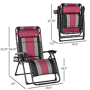 Outsunny XL Oversize Zero Gravity Recliner, Padded Patio Lounger Chair, Folding Chair with Adjustable Backrest, Cup Holder, and Headrest for Backyard, Poolside, Lawn, Striped, Wine Red