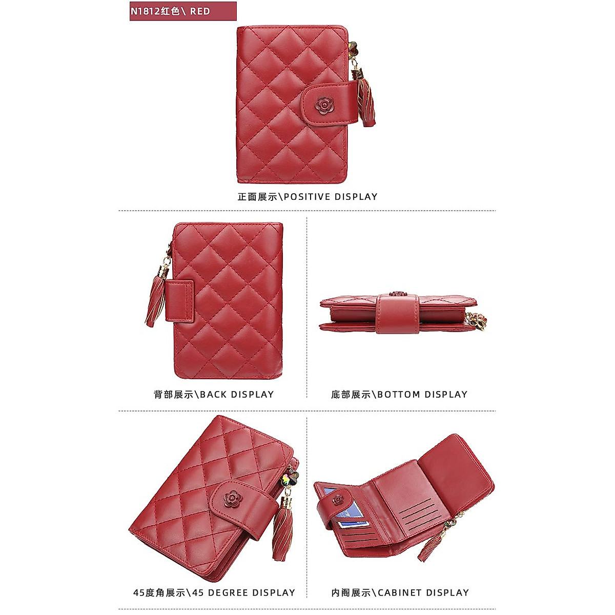 Women Bifold Leather Wallet Nlocking Ladies With Card Holder Window Coin Purse (Red)