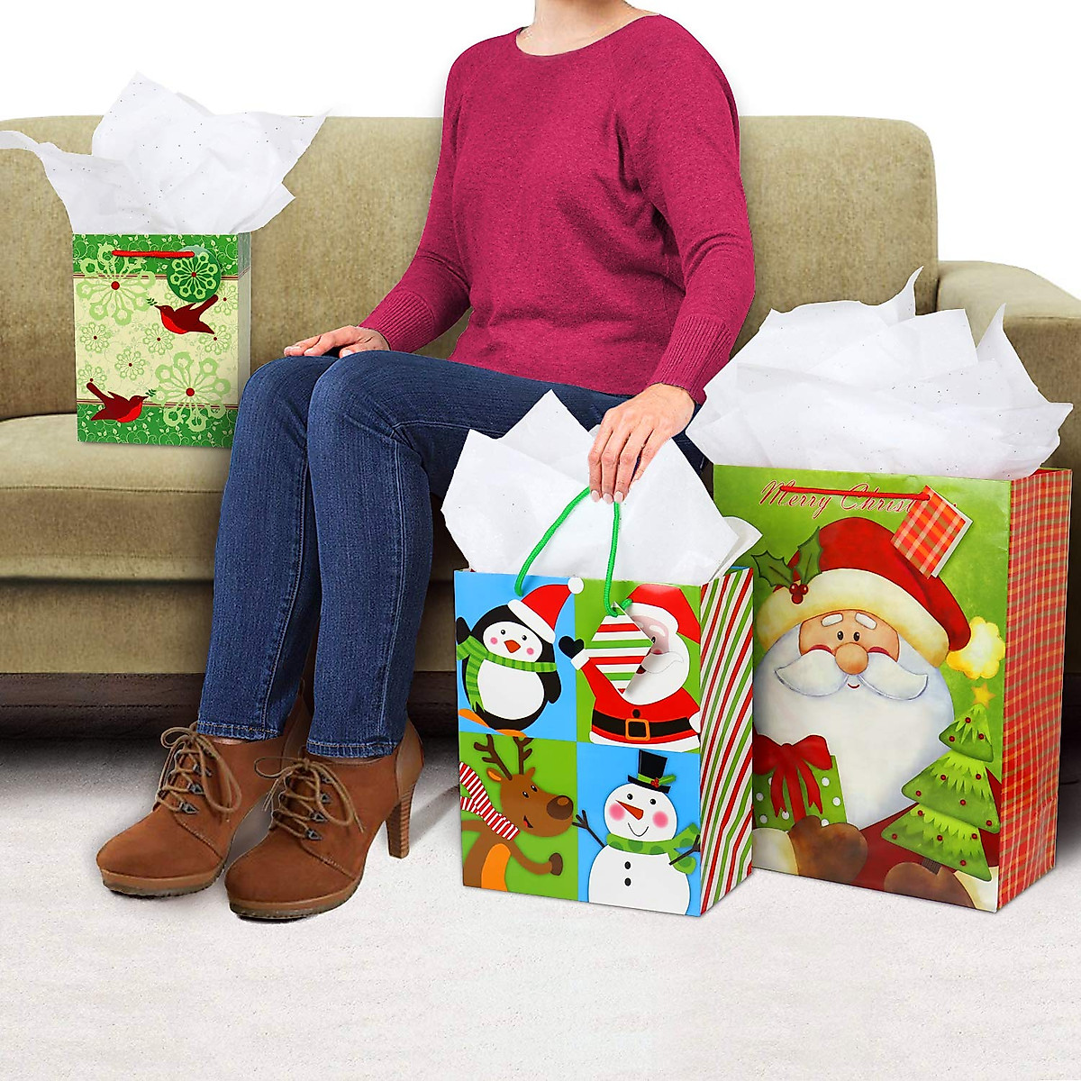 Fzopo Christmas Gift Bags Bulk Set Includes 4 Extra Large 4 Large 4 Medium with Handles Christmas Print Gift Bags Assorted Sizes for Wrapping Holiday Gifts (Variety Pack)