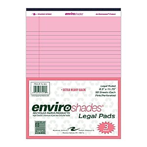 ROARING SPRING Enviroshades Recycled Legal Pads, 3 Pack, 8.5" x 11.75" 50 Sheets, Pink