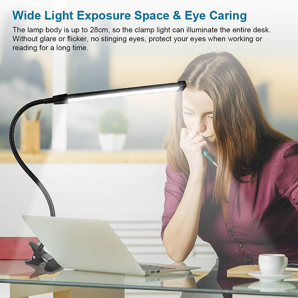 Qooltek Flexible Clip Desk Lamp Reading Light with 3 Color & 10 Brightness, Auto-Off & Memory Function, Clip on Light for Piano, Reading, Working, Relaxing Black