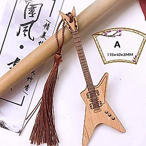Natural Bamboo Guitar Shape Bookmark, Chinese Style Vintage Bookmark with Tassel, Ideal Gift for Reader, Teachers, Women and Kids(A)