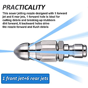 5000 PSI Sewer Jetter Nozzle Pressure Drain Jetter Hose Nozzle for 1/4 Pressure Washer Quick Connector