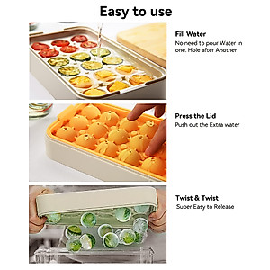 longzon Round Ice cube Trays for Freezer,Easy-Release Silicone,Circle Ice cube tray Making Sphere Ice with Removable Lid,BPA Free,for Cocktail,Whiskey Tea Coffee 2 Trays 1 ice Bucket & Scoop [2 pack]