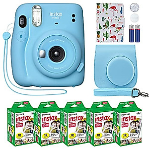 Fujifilm Instax Mini 11 Instant Camera Sky Blue + Custom Case + Fuji Instax Film Value Pack (50 Sheets) Flamingo Designer Photo Album for Fuji instax Mini 11 Photos