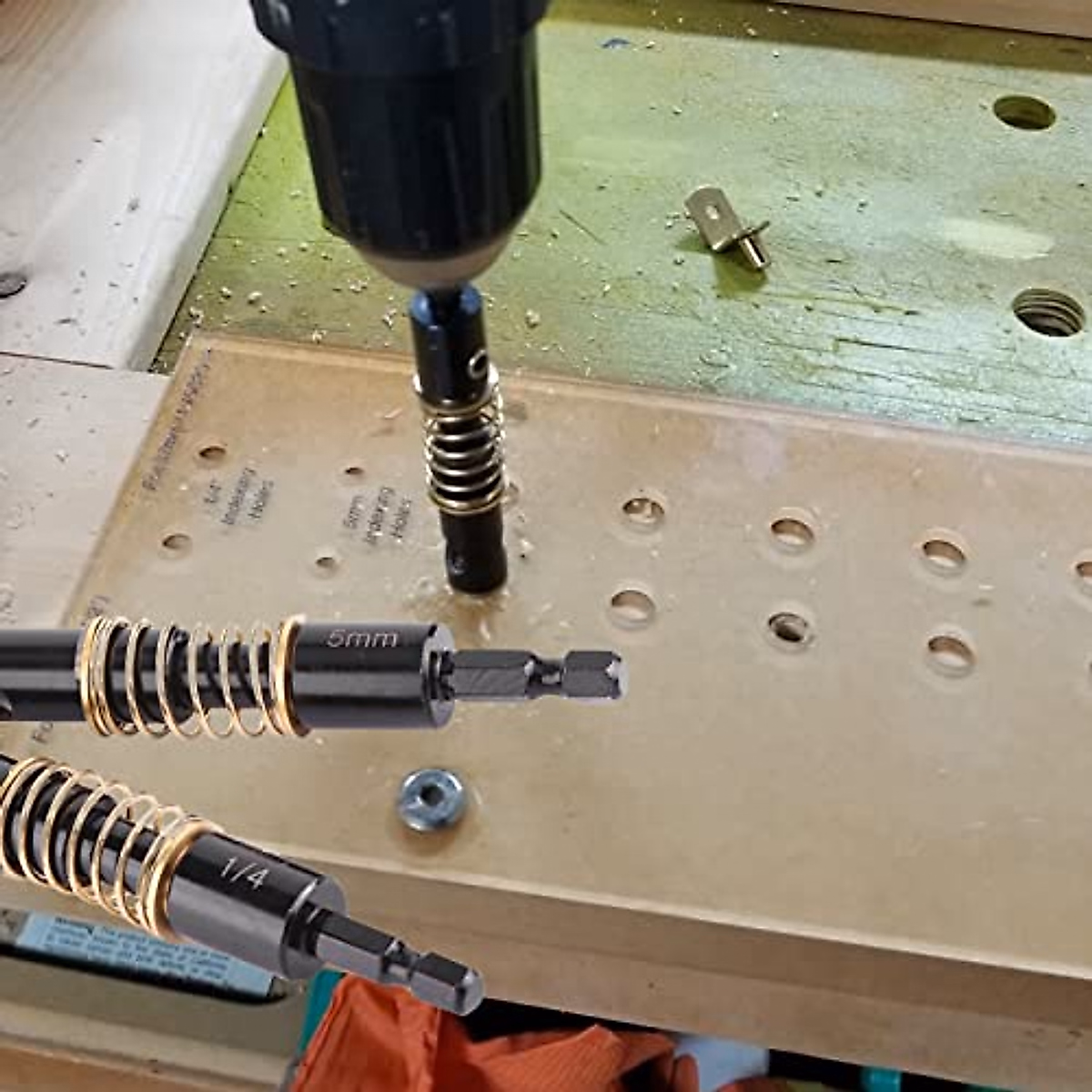 2pcs 5mm&1/4" Black Hinge Drill Bits Reaming Drilling Wood Plastic 1/4inch Hex Shank for Woodworking DIY(2pcs Combination)