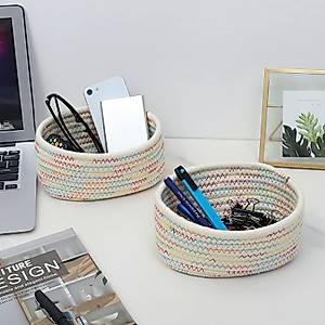【2 Pack】ABenkle Small Woven Baskets, Tiny Oval Shallow Storage Baskets, Mini Cotton Rope Empty Decorative Basket, Boho Little Organizer Bins for Bathroom, Cat Dog Toy Gifts Baskets