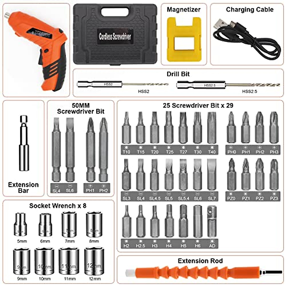 MQ Electric Screwdriver, 3.6V Cordless Screwdriver Kit with Rechargeable Battery, Dual Position Handle & LED Front Light, 49PCS Portable Skil Screwdriver for Home Office DIY Tools, Orange