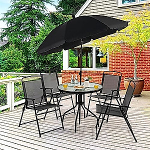 KUJYBG 6 PCS Patio Dining Set Folding Chairs Glass Table Tilt Umbrella Garden