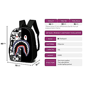 NEDOIAA Shark Backpack Lightweight Waterproof Bookbag Gifts 16 Inch Fashion Laptop Backpack, Black