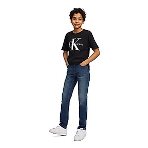 Calvin Klein Boys' Short Sleeve Logo Crew Neck T-Shirt, Soft, Comfortable, Relaxed Fit, True Black, 14-16