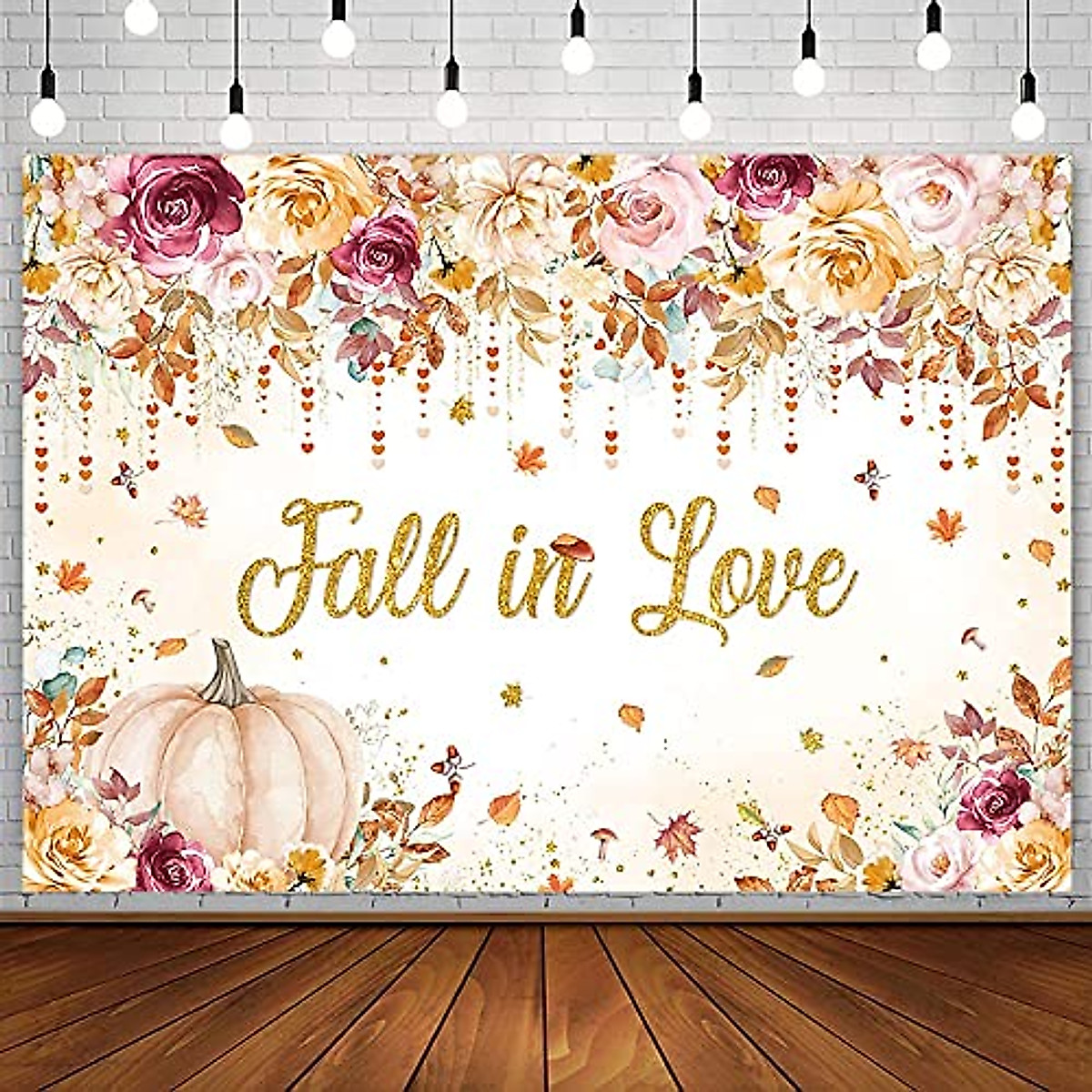 AIBIIN 7x5ft Fall in Love Backdrop Autumn Wedding Engagement Bridal Shower Party Decorations for Couple Pumpkin Gold Maple Leaf Burgundy Pink Floral Photography Background Banner Photo Shoot Props