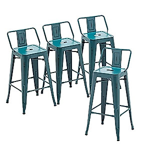 Andeworld Distressed Bar Stools Set of 4 Industrial Counter Stools Metal Barstools with Backrest (30 Inch, Distressed Design Teal)