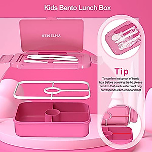 KEMETHY Bento Lunch Box for Kids, 4 Compartment Lunch Box Kids, Leak Proof Lunchbox with Tableware for Kids Lunch boxes for School, Microwave/Dishwasher/Freezer Safe, BPA-Free and Reusable, Pink