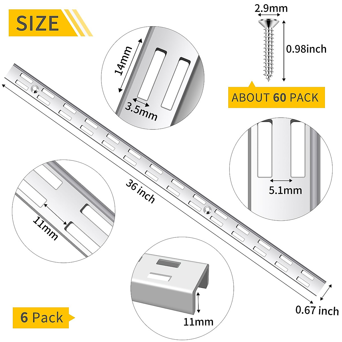 6 Pcs Double Track Shelving System 36 inch Shelf Track Upright Closet Shelves Rail Adjustable Wall Shelves Support for Kitchen Laundry Closet Organization Storage