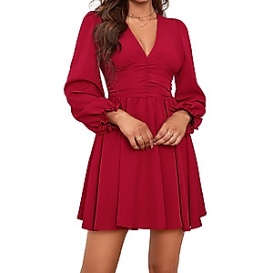 Umenlele Women's V Neck Ruched Ruffle Puff Long Sleeve Cocktail Flowy Mini Short Dress Cherry Small