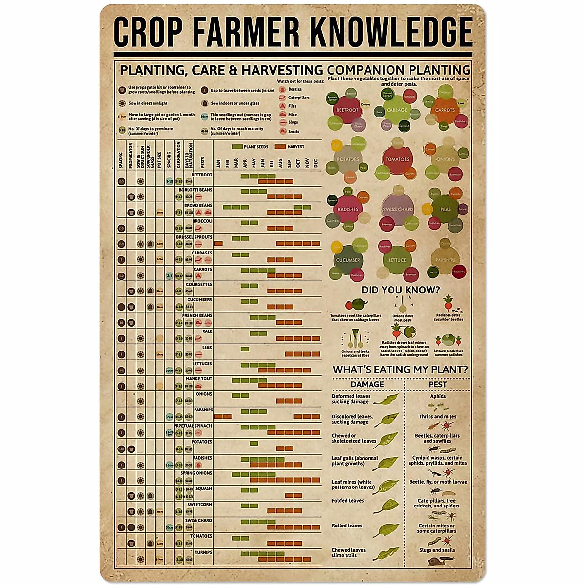 JIUFOTK Planting Knowledge Metal Tin Sign Crop Farmer Guide Chart Poster Gardening Farm Farmhouse Home Kitchen Club Wall Decoration Plaque 8x12 Inches